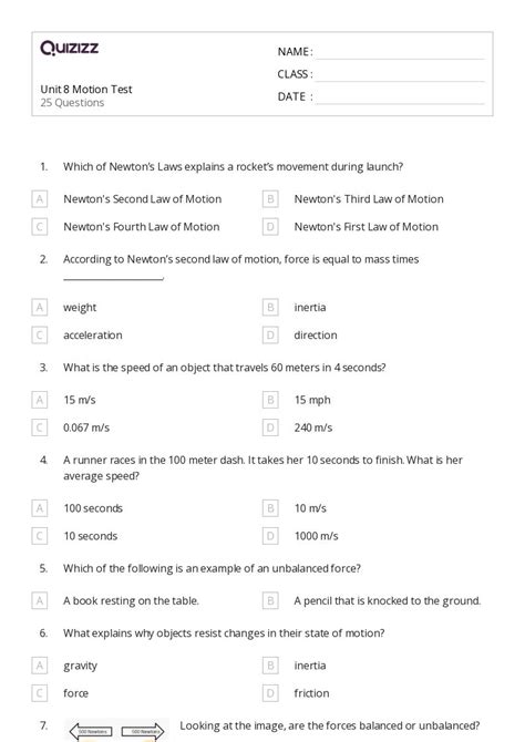 Newtons First Law Mass And Inertia Worksheets For Th Grade On