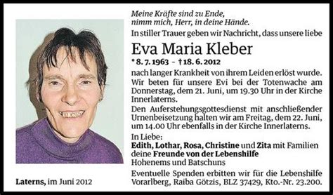 Todesanzeigen Von Eva Maria Kleber Todesanzeigen Vorarlberger Nachrichten