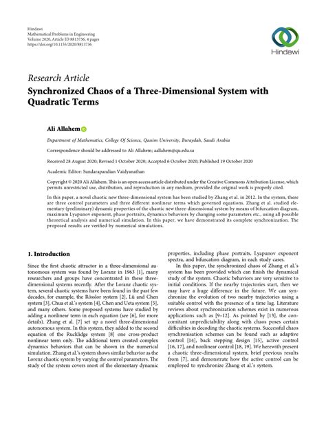 pdf synchronized chaos of a three dimensional system with quadratic terms