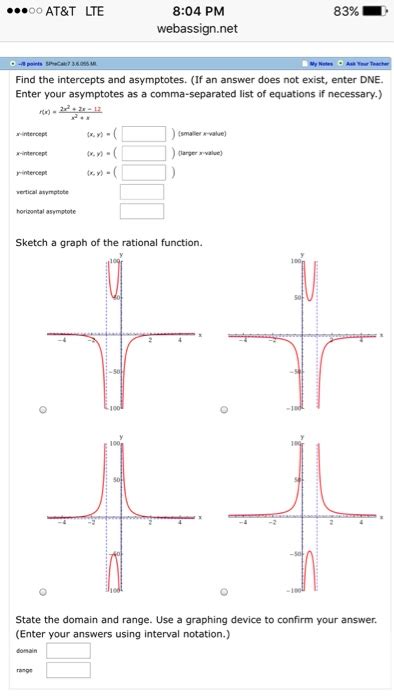 solved find the intercepts and asymptotes if an answer