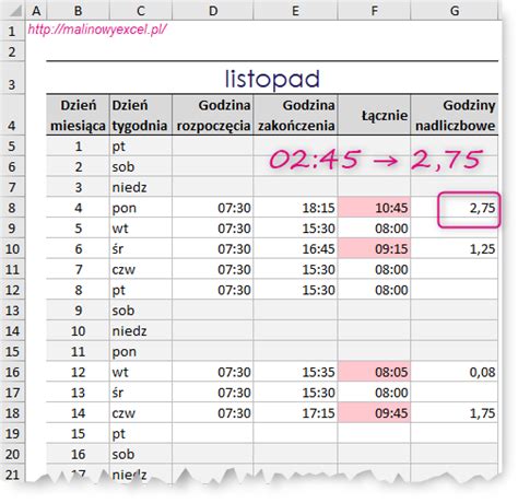 Czas Pracy Malinowy Excel
