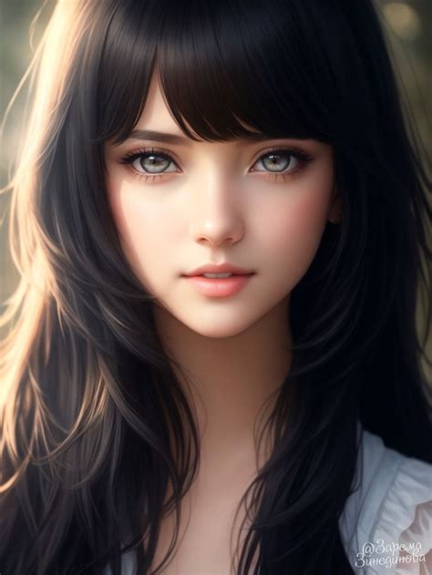 A Digital Painting Of A Woman With Long Black Hair And Bangs Wearing A
