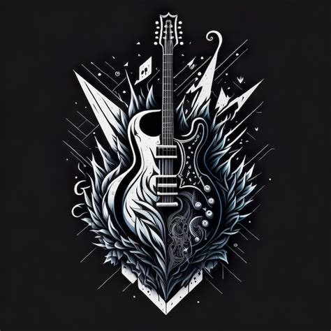 Un dibujo en blanco y negro de una guitarra con las palabras música