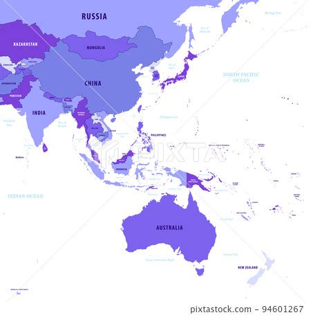 Asia Pacific Map With Different Country Names Stock Illustration