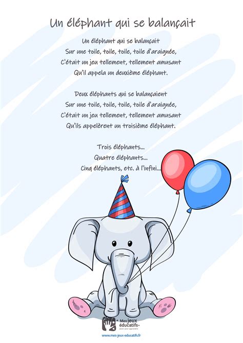 Un éléphant qui se balançait paroles de la comptine Mes Jeux Educatifs