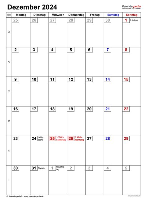 Kalender Dezember 2024 Als PDF Vorlagen