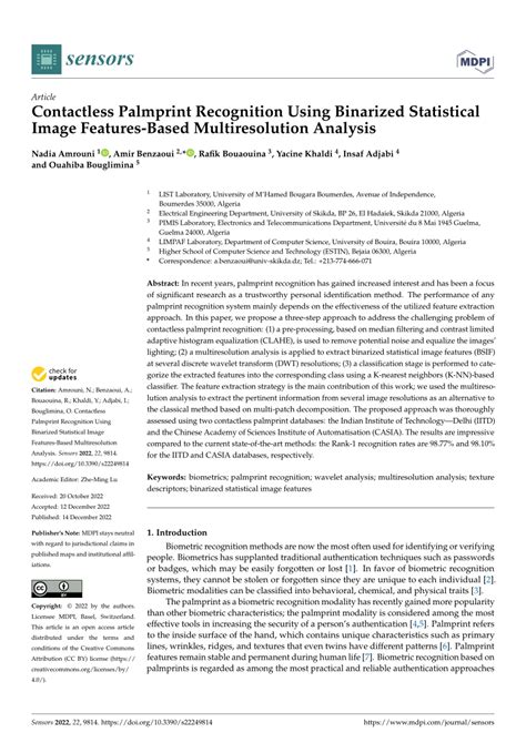 pdf contactless palmprint recognition using binarized statistical image features based