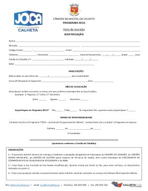 Preenchível Disponível PROGRAMA JOCA Ficha de Inscrio IDENTIFICAO Fax