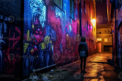 A Person Standing In An Alley At Night With Graffiti On The Wall