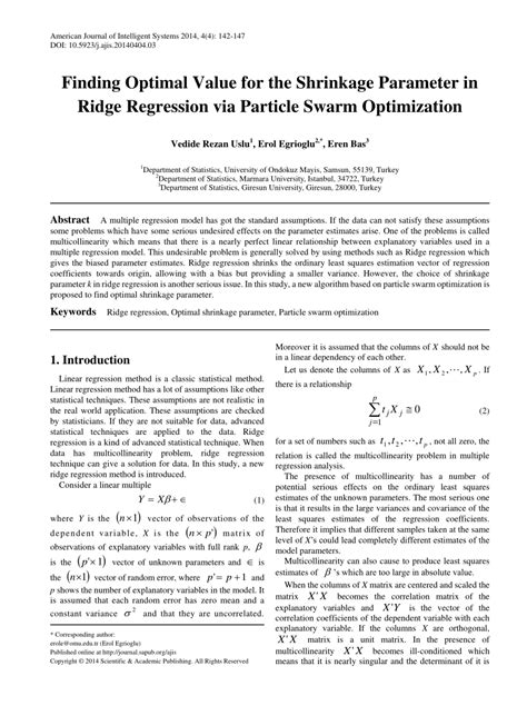 pdf finding optimal value for the shrinkage parameter in ridge regression via particle swarm