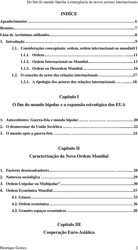 A NOVA ORDEM MUNDIAL Do fim do mundo bipolar à emergência de novos