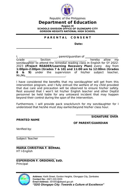 Parental Consent For Reading Intervention SY2022 2023 Republic Of The
