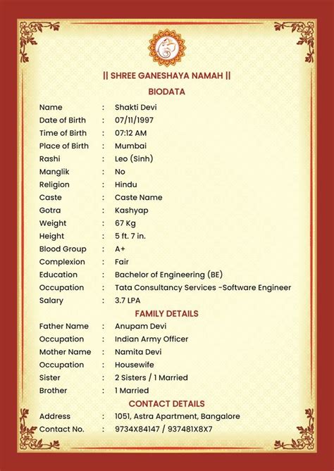 Hindu Marriage Biodata Format With Golden And Red Border And Shree