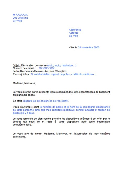 lettre déclaration de sinistre Question Assurance