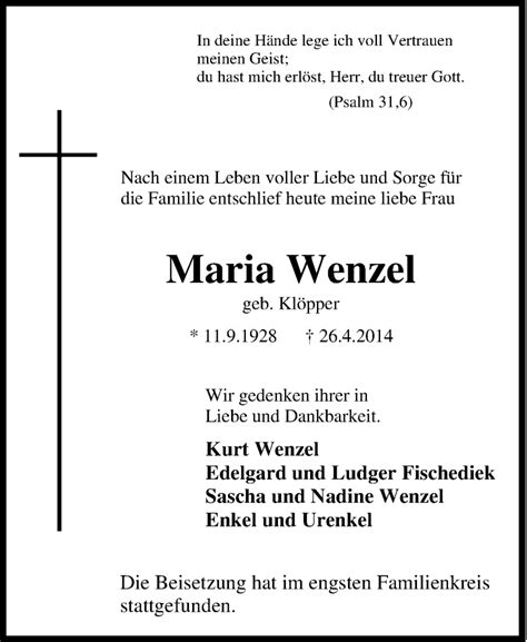 Traueranzeigen Von Maria Wenzel Trauer In NRW De