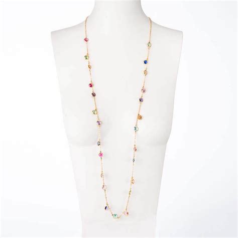 Collana Lunga Argento Placcato Oro E Pietre Pendenti Multicolor Chic