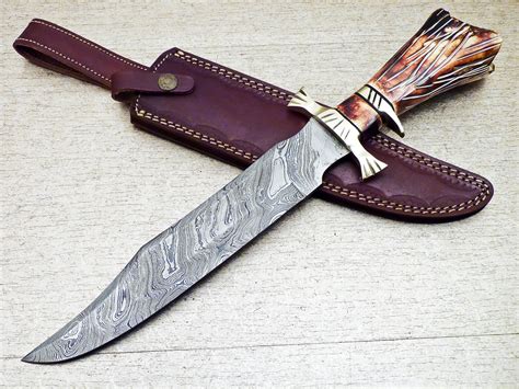 Damascus Steel Custom Handmade Hunting Bowie Knife 13 4A2 D
