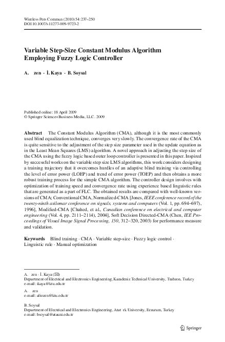 pdf variable step size constant modulus algorithm employing fuzzy logic controller ismail