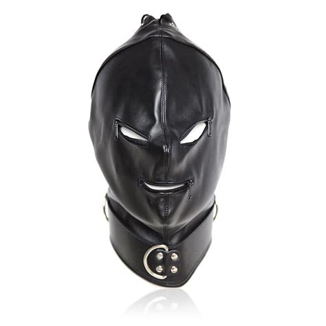 Fetish Leather Full Face Gimp Mask Unisex Hood Zipper Eyes Mouth Lace