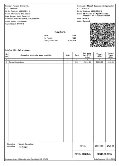 Codul QR de pe factură pentru vânzarea panourilor fotovoltaice