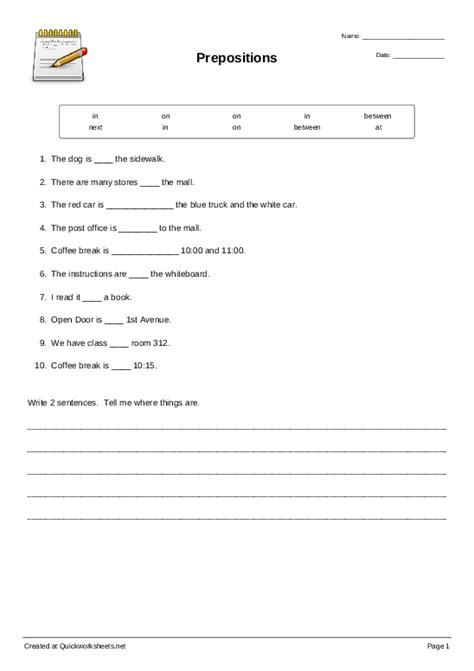 Prepositions Fill In The Blank Sentences Worksheet Quickworksheets