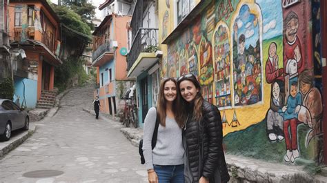 These Two Women Are Standing Together In Front Of A Colorful Street In