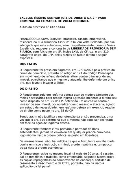 Liberdade provisória Peça de apelação da condenação por acidente de