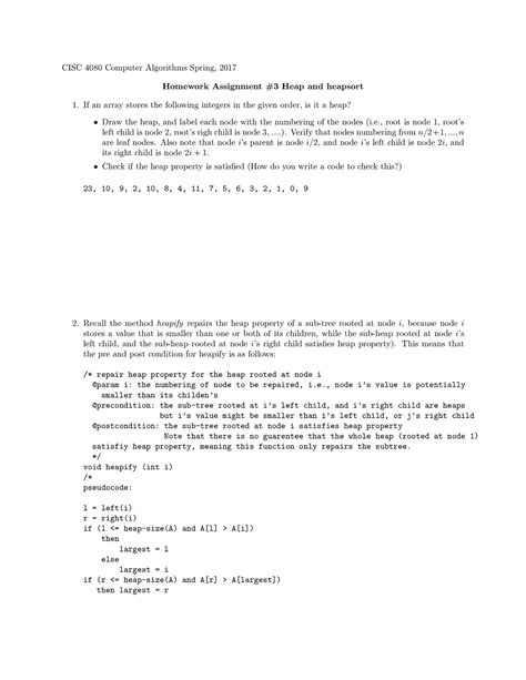homework assignment 3 heap and heapsort cisc 4080 computer algorithms spring 2017 homework