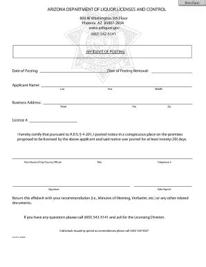 Fillable Online Azliquor Affidavit Of Posting Arizona Department Of