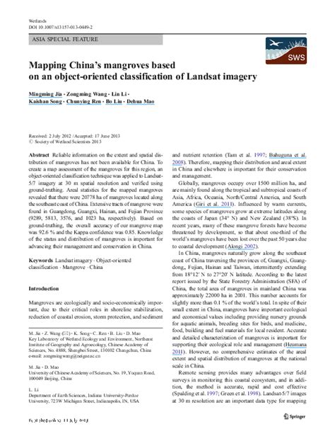 pdf mapping china s mangroves based on an object oriented classification of landsat imagery
