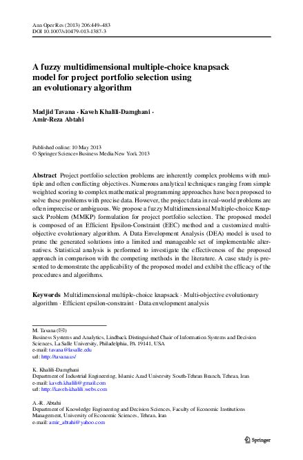 pdf a fuzzy multidimensional multiple choice knapsack model for project portfolio selection