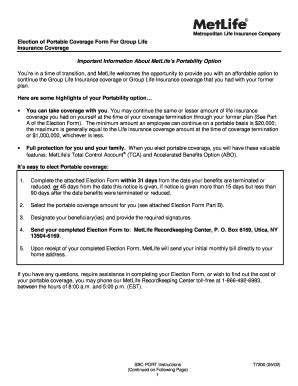 Fillable Online Election Of Portable Coverage Form For Group Life Fax