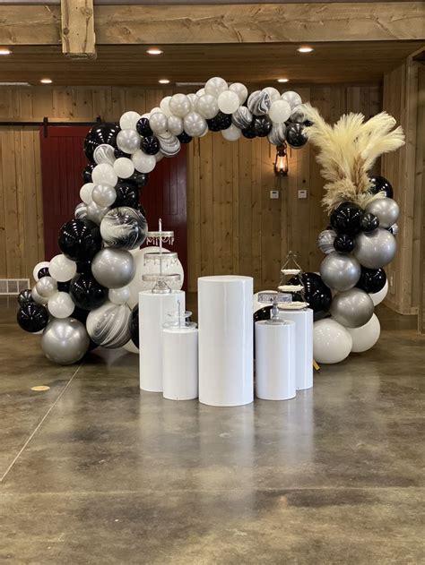 An Arch Made Out Of Balloons And Feathers