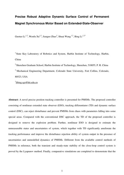 pdf precise robust adaptive dynamic surface control of permanent magnet synchronous motor