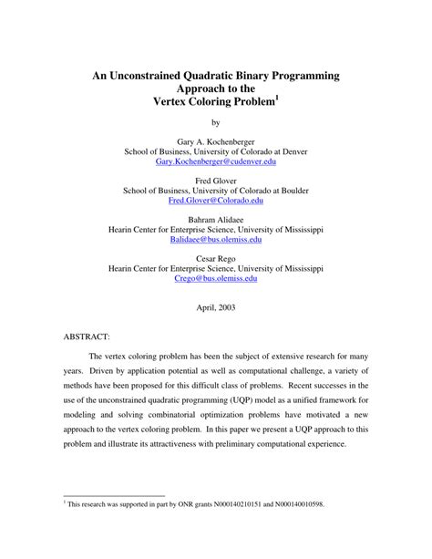 pdf an unconstrained quadratic binary programming approach to the vertex coloring problem