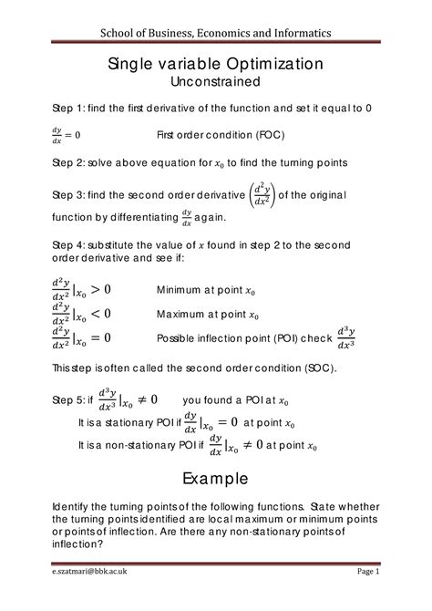 1 unconstrained optimization single variable mf f school of business economics and