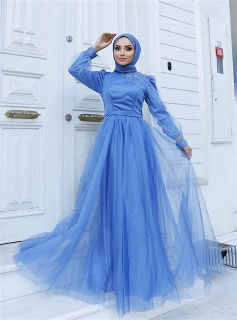 Blue Fully Lined Crew Neck Modest Evening Dress