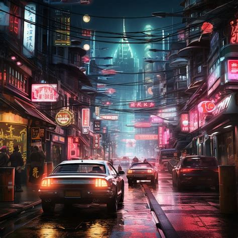 Premium Photo Cars Are Driving Down A City Street At Night With Neon