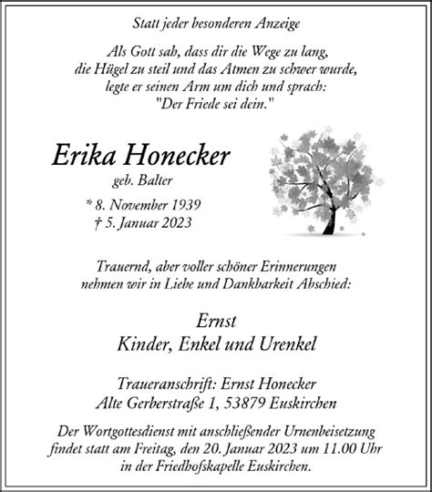 Traueranzeigen Von Erika Honecker WirTrauern