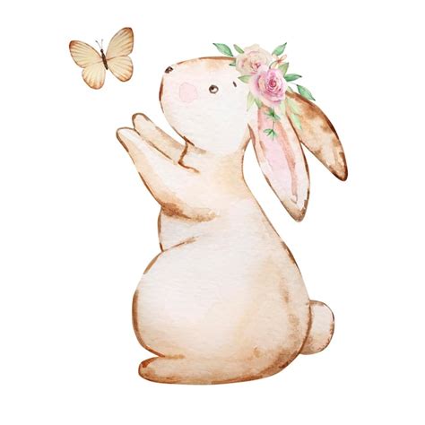 Acuarela primavera pascua ilustración conejito con un ramo de flores