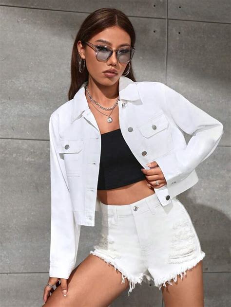 Shein Ezwear Cazadora Mezclilla Con Bolsillo Con Solapa Con N