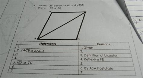 solved b given overline ac bisects ∠ bad and ∠ bcd prove overline bc ≌ overline dc