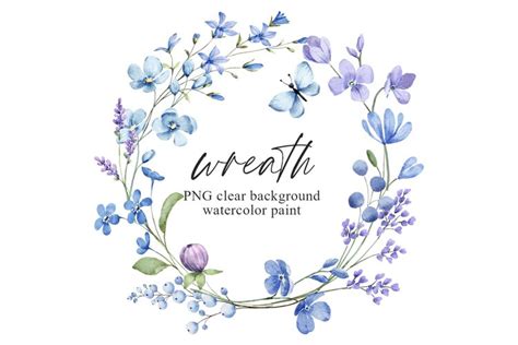 Wreath With Blue Watercolor Flowers Frame Border