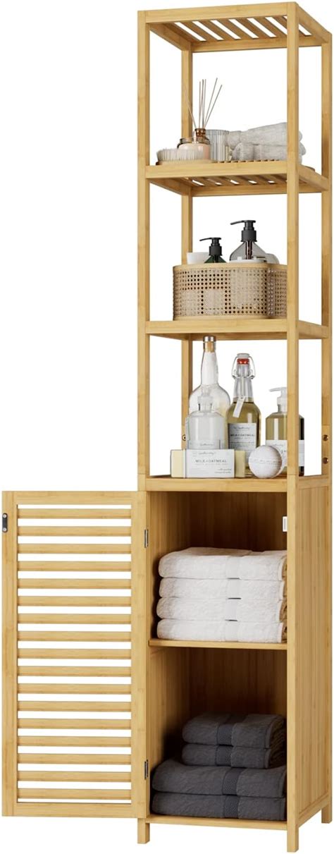 Homcom Meuble Colonne Rangement Salle De Bain Bambou Design Naturel L