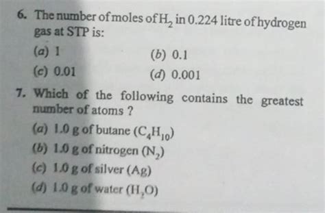 The Number Of Moles Of H In Litre Of Hydrogen Gas At Stp Is