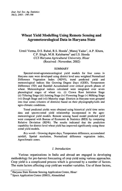 pdf wheat yield modelling using remote sensing and agrometeorological data in haryana state