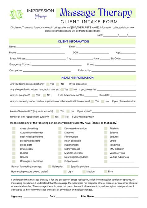 Massage Therapy Intake Form Client Consent Form Editable Etsy