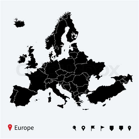Hoch Detaillierte Politische Europakarte Mit Navigation Pins Stock