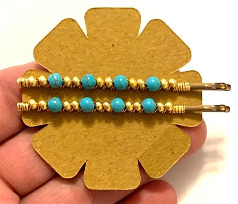 Set Turquoise Gemstone And Gold Seed Bead Bobby Pins Bridal Etsy