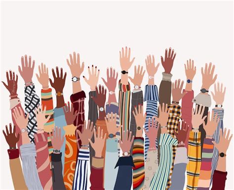 Grupo muitos braços levantados e mãos de diversas pessoas multiétnicas